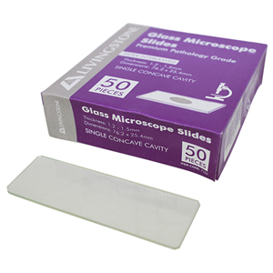 LIV MICROSCOPE SLIDE W/SINGLE CONCAVE CAVITY 1.2-1.5MM 50/PK