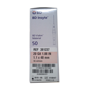 BD INSYTE IV CANNULA W/BD VIALON 20GX1.88IN 48MM PINK50/BX